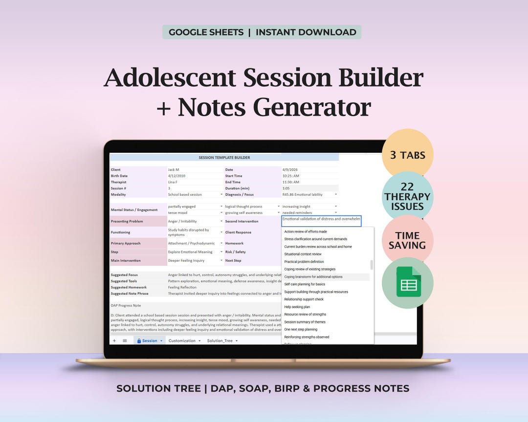 Adolescent Therapy Session Notes Generator Spreadsheet SOAP DAP BIRP ...
