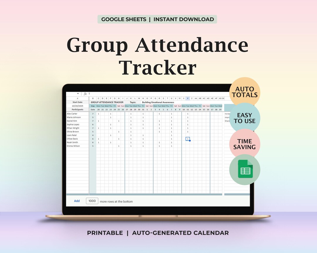 Group Attendance Tracker Spreadsheet Printable Google Sheets Attendance ...