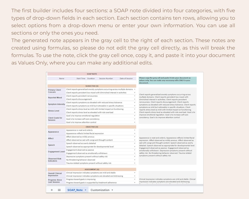 SOAP Note Generator Therapy Session Notes Editable Dropdown Clinical ...