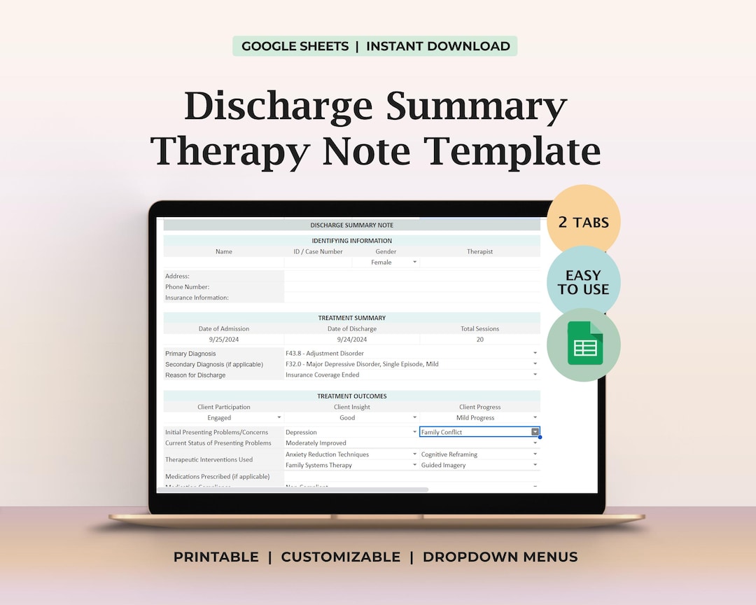Therapist Discharge Note, Discharge Summary Note, Therapist Templates ...