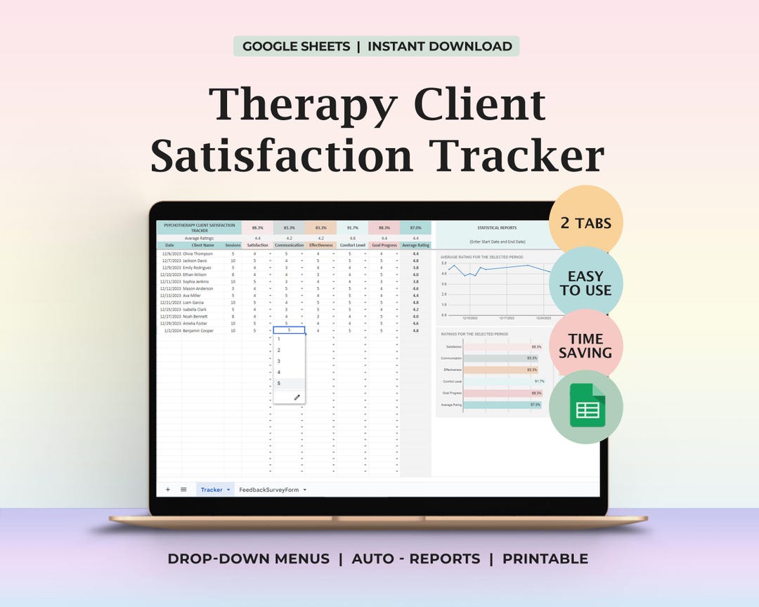 Therapy Client Satisfaction Tracker Spreadsheet Google Sheets Feedback ...