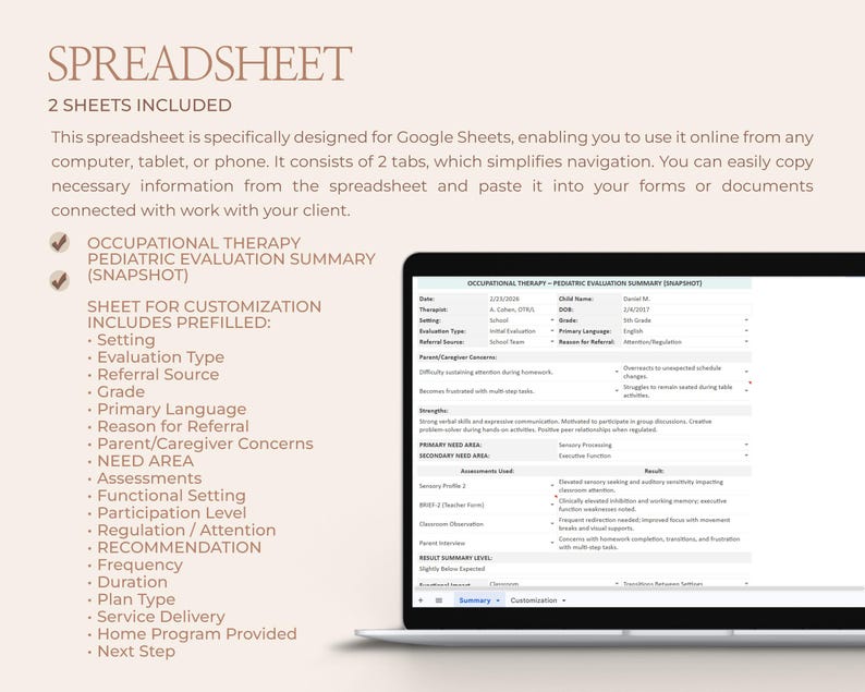 Pediatric OT Evaluation Template Google Sheets School Based ...