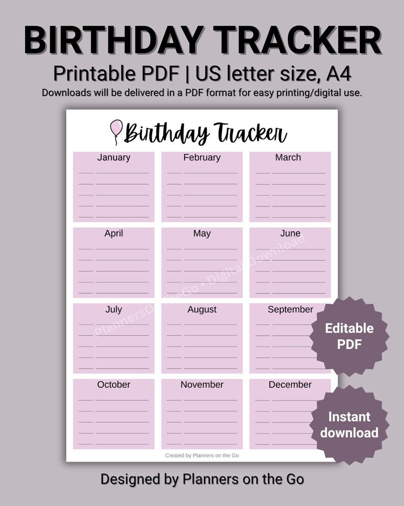 Birthday Tracker Printable | Editable PDF Birthday List + Reminder ...