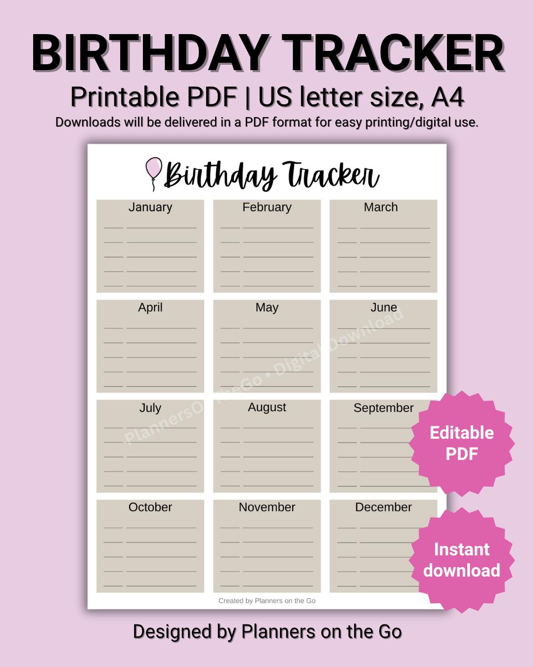 Editable Birthday Tracker | Printable Birthday List | Birthday Planner ...