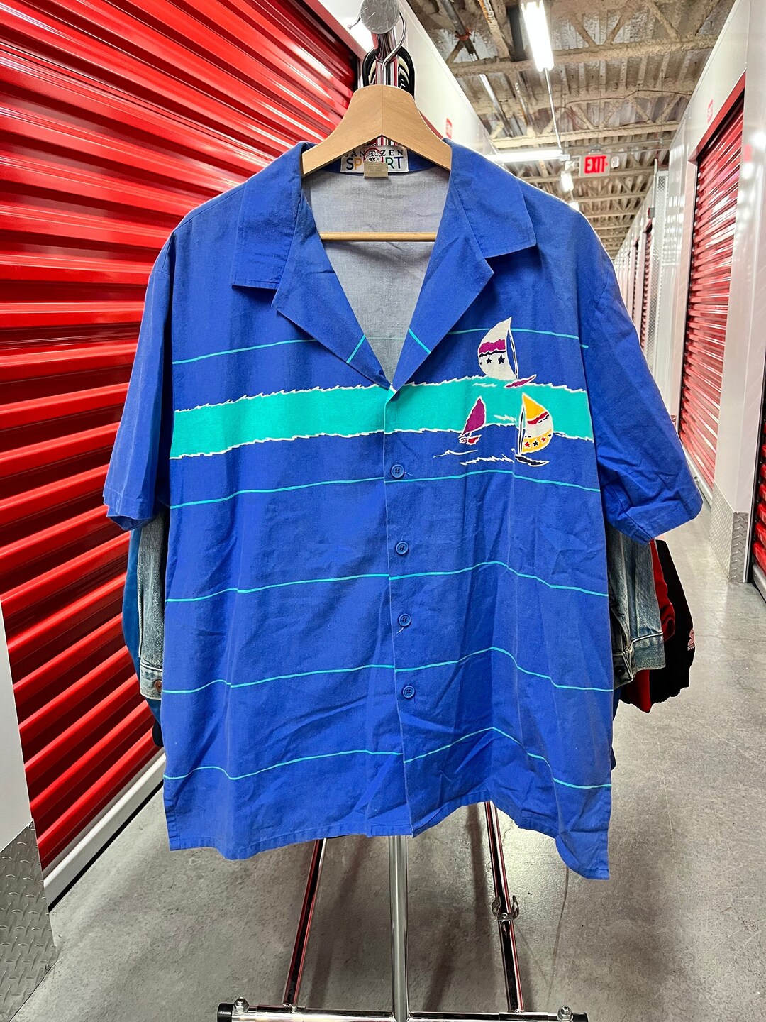 JANTZEN Vintage 80s 90s Blue Jantzen Sport Beach Themed Button up Shirt ...