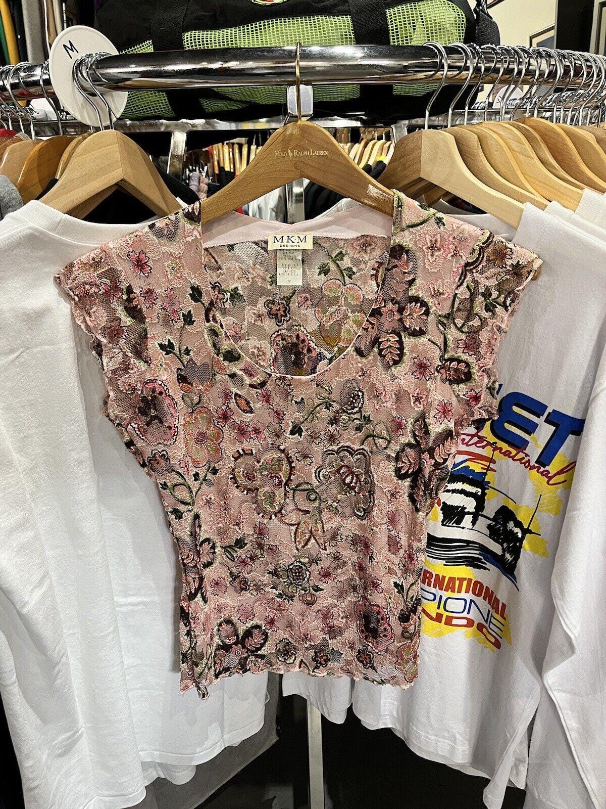 MKM Designs 90s Pink Floral Lace Lined Stop Neck Baby Tee Blouse Size ...