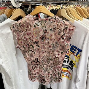MKM Designs 90s Pink Floral Lace Lined Stop Neck Baby Tee Blouse Size ...