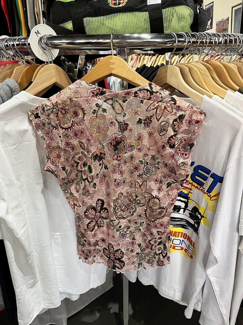 MKM Designs 90s Pink Floral Lace Lined Stop Neck Baby Tee Blouse Size Medium - Etsy