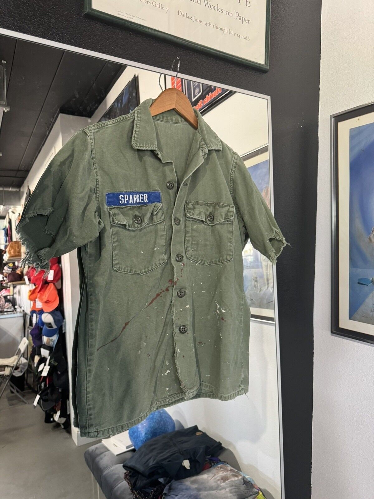 Vintage 1970s Army Distressed Paint Splatter Polo Sparker Patch Shirt ...