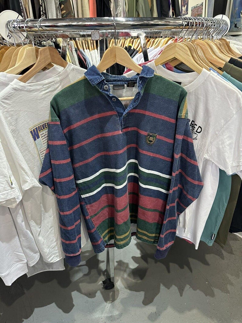 Vintage 90s Multi Color Structure Canvas Knit Striped Long Sleeve Polo ...