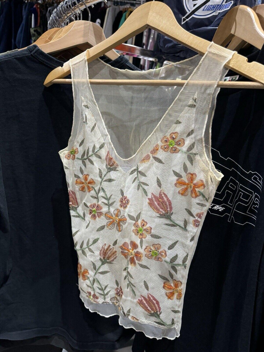Vintage Y2K Sheer Mesh Beaded Sequin Girly Floral V Neck Tank Top Size ...