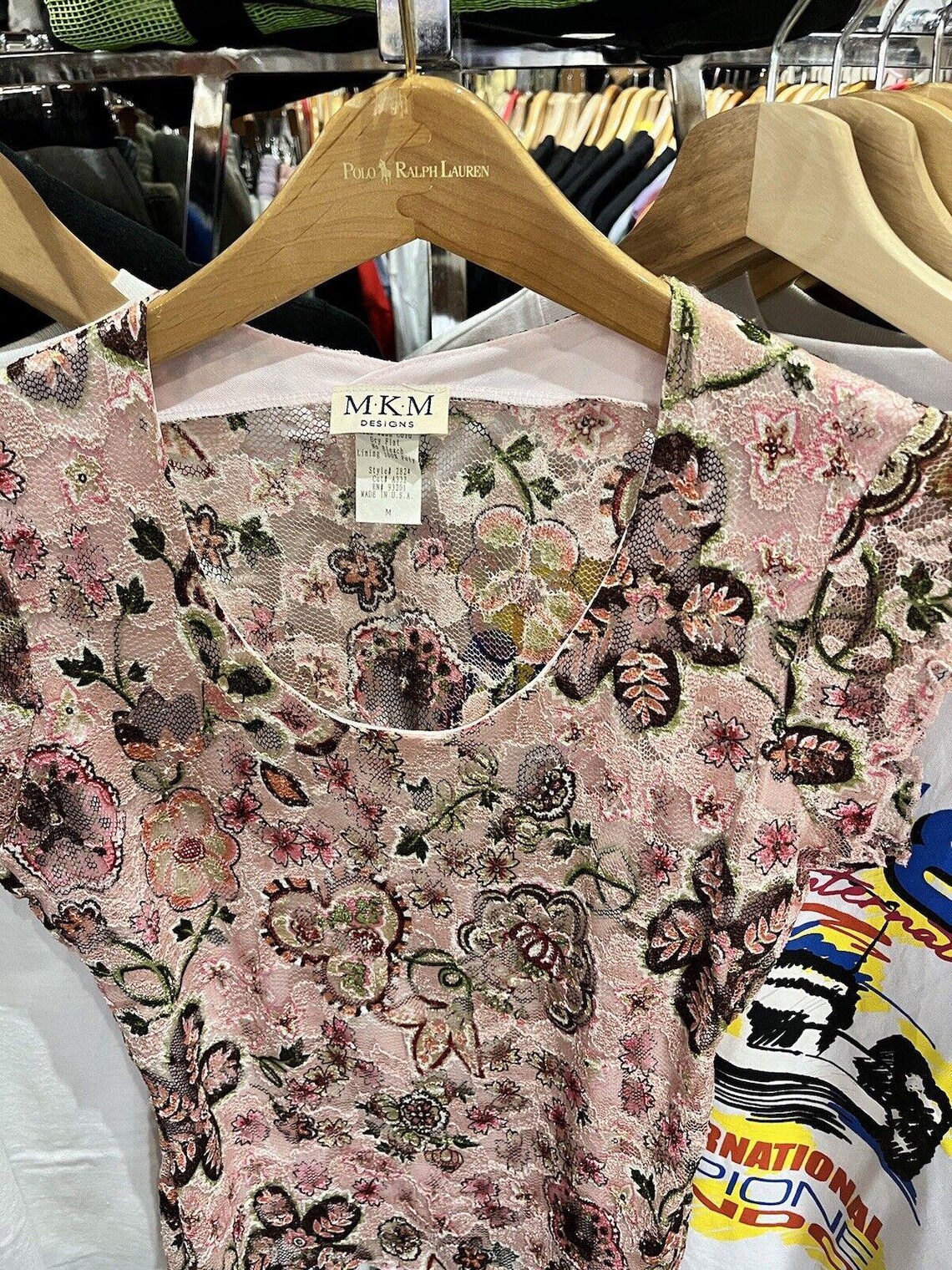 MKM Designs 90s Pink Floral Lace Lined Stop Neck Baby Tee Blouse Size ...