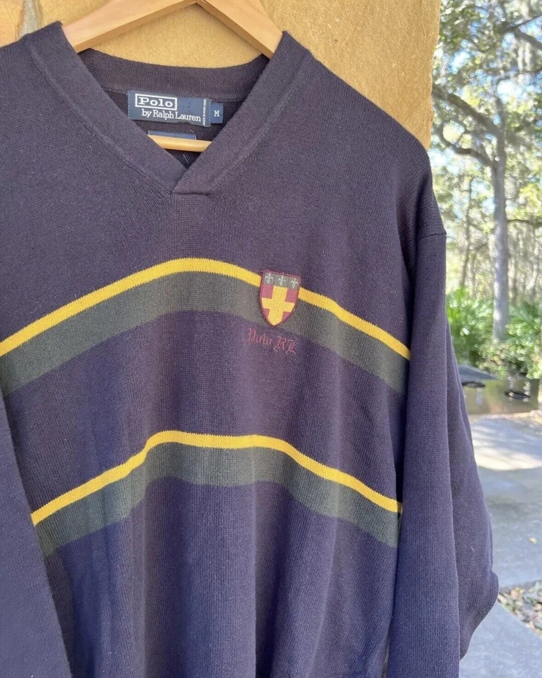 Vintage Polo Ralph Lauren Shield Logo Striped V Neck Sweater Size ...