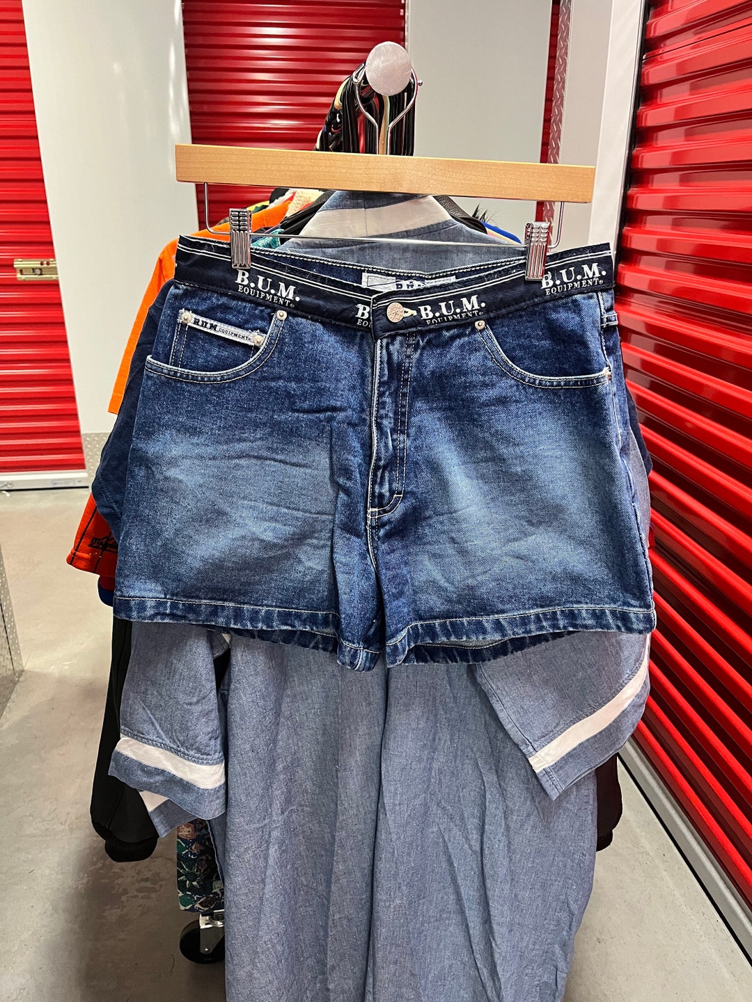 Vintage 90s Bum Equipment Tapered Logo Spell Out Blue Denim Shorts Size ...