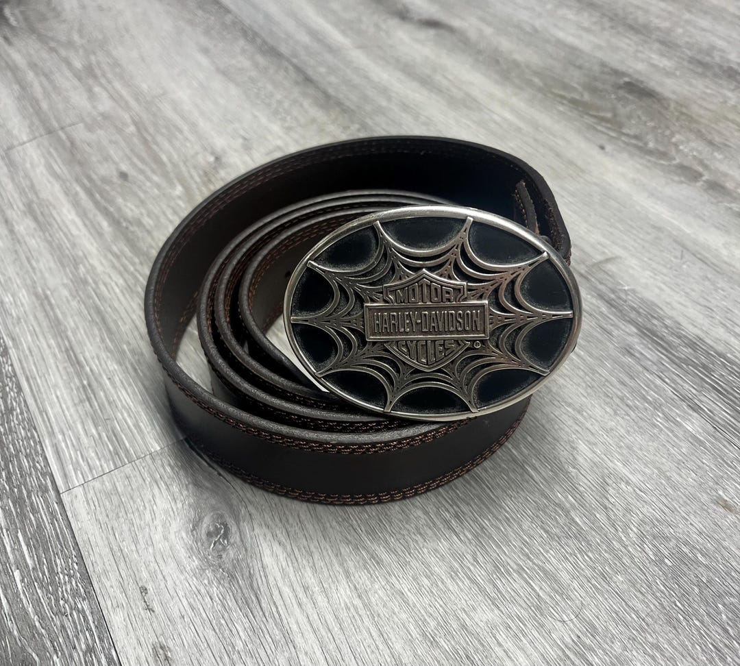 Vintage Harley-davidson Shield Spiderweb Belt Buckle & Leather Belt ...