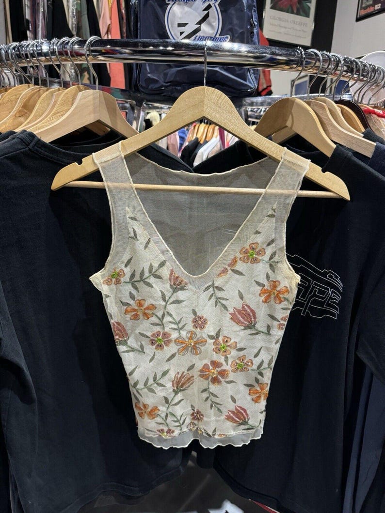 Vintage Y2K Sheer Mesh Beaded Sequin Girly Floral V Neck Tank Top Size ...