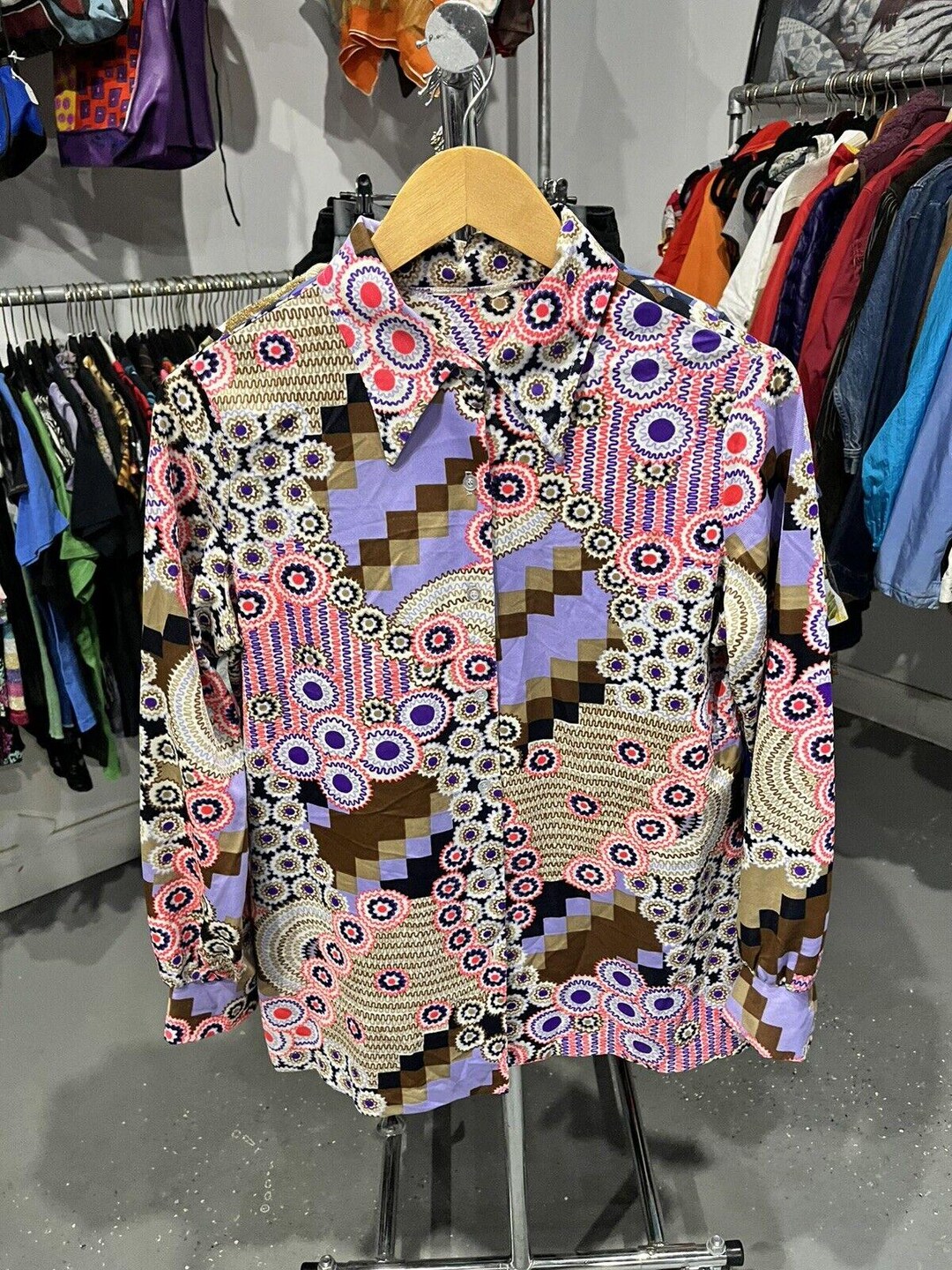 Vintage 1970s Neon Geo Floral Print Disco Long Sleeve Button up Shirt ...