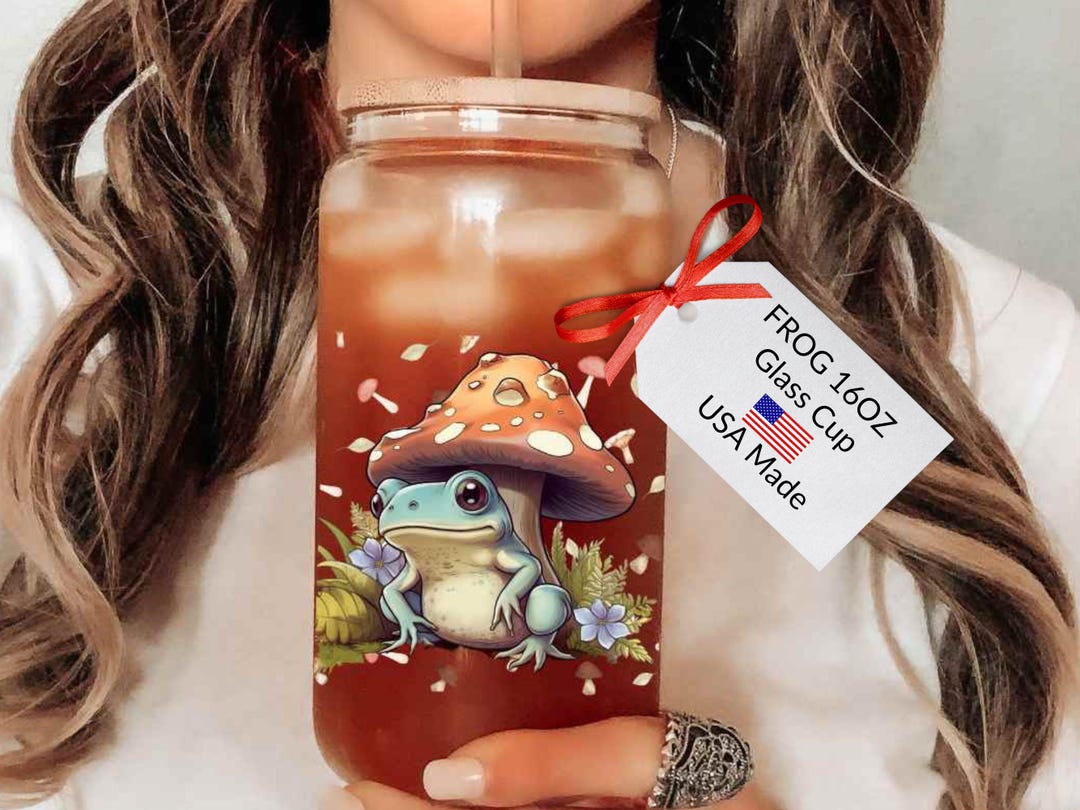 Retro Frog Glass Cup, 16OZ. Tumbler With Straw and Bamboo Lid, Frog ...
