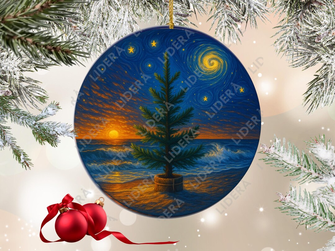 Solemn Christmas Tree, Beach Ornament – Sunset Ocean Waves & Starry ...
