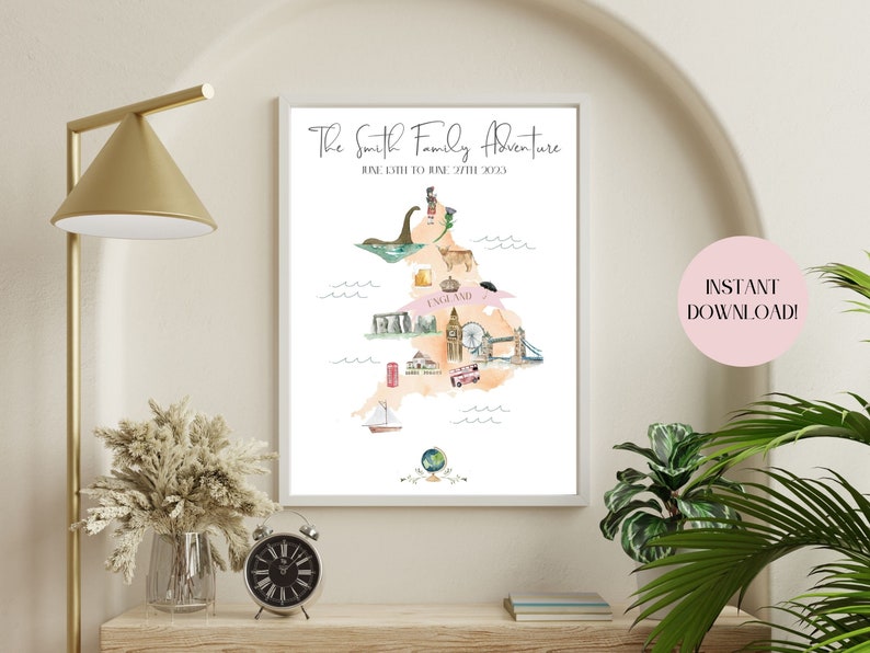 Watercolor Travel Map England Travel Map Custom Map Print Travel Map ...