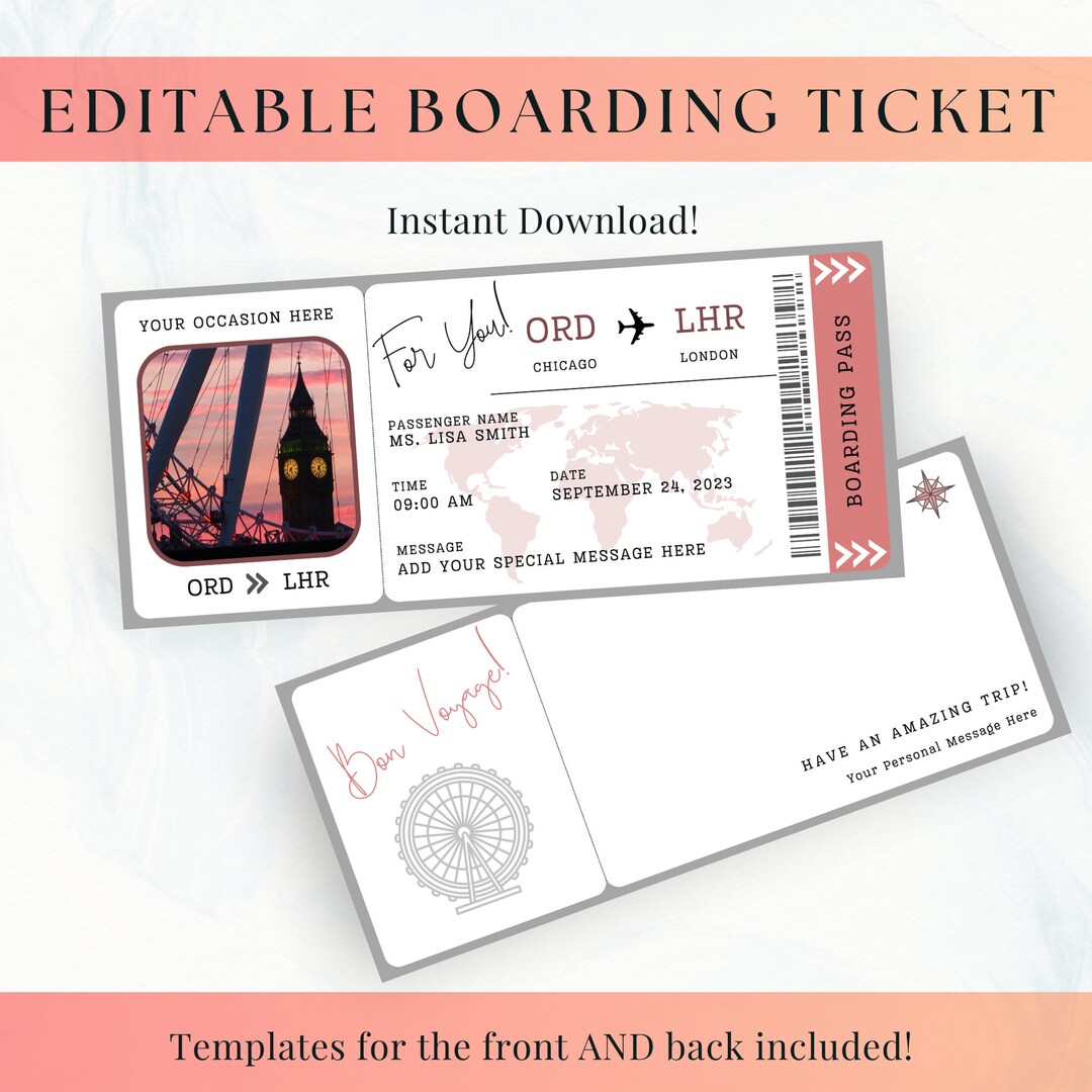 EDITABLE Boarding Ticket Template, Surprise Boarding Pass, Plane Ticket ...
