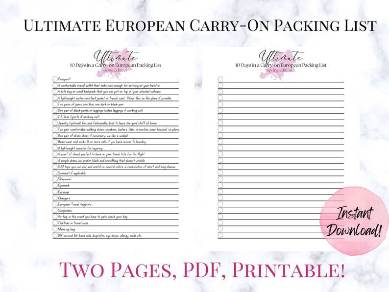 Printable Packing List Europe, European Travel Planner, Printable ...