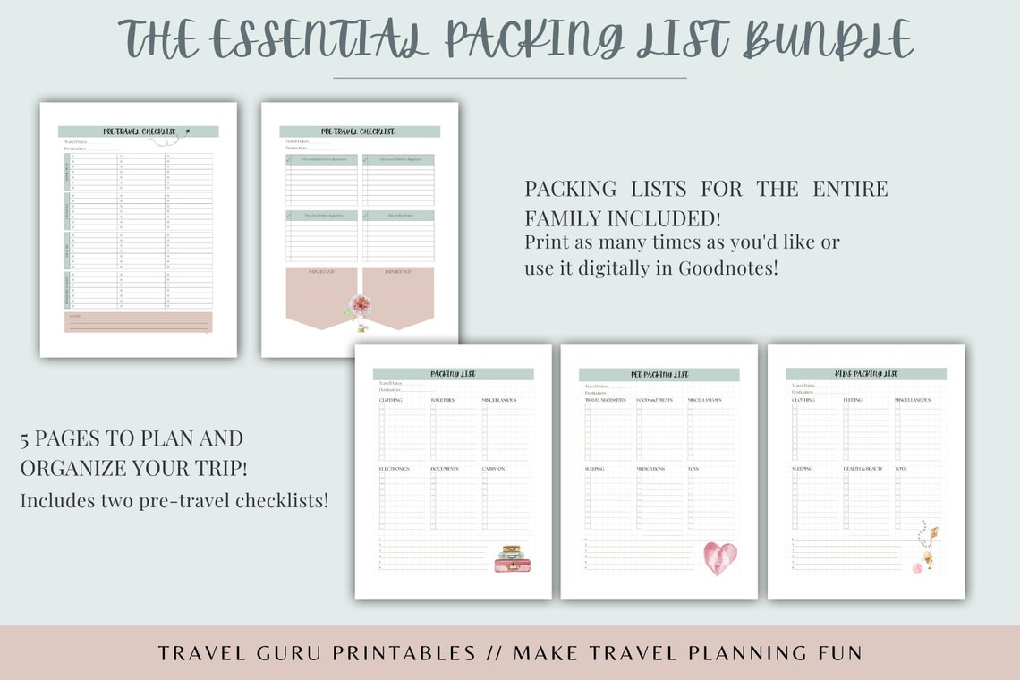 Packing List Printable Bundle Printable Packing List Goodnotes Packing ...