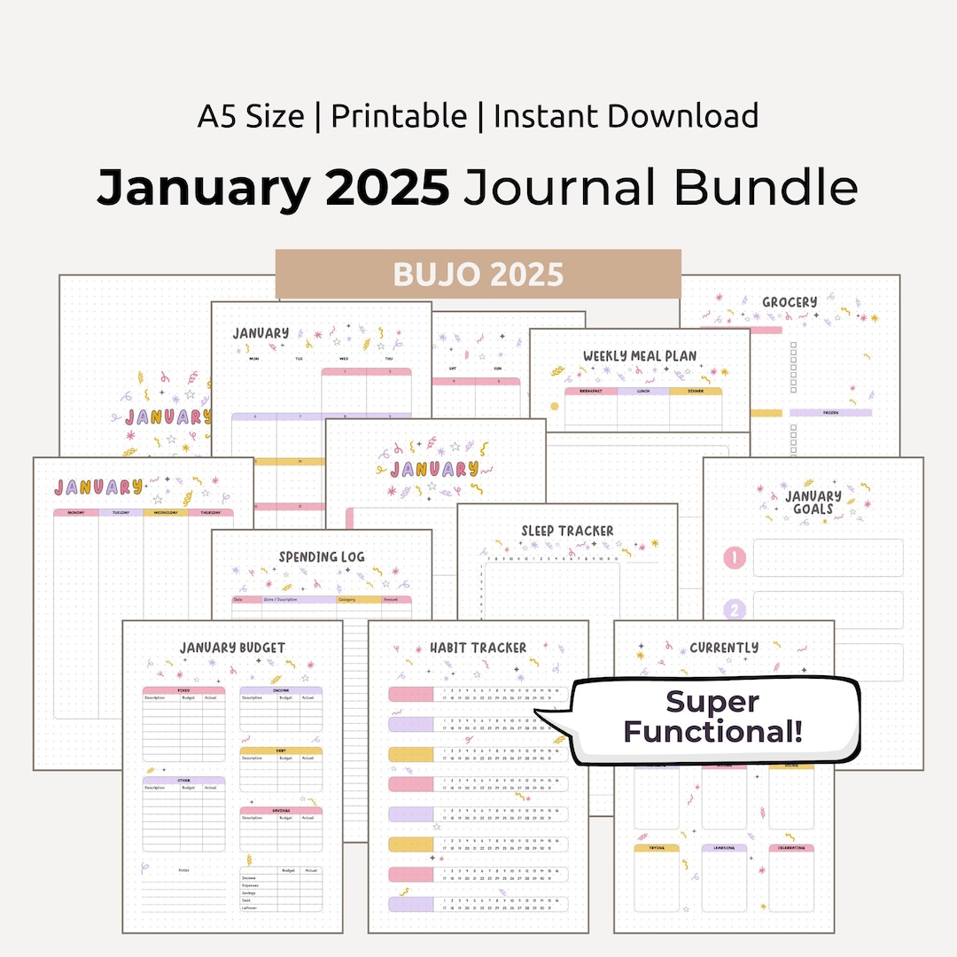 A5 Journal Printable 2025, 2025 Bullet Planner Templates, January 2025 ...