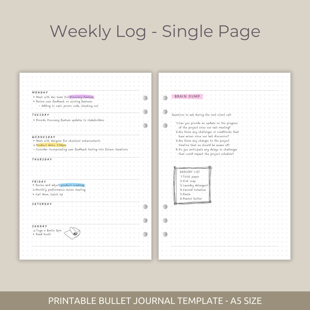 Bullet Planner Weekly Spread Template, Printable Weekly A5 Planner ...