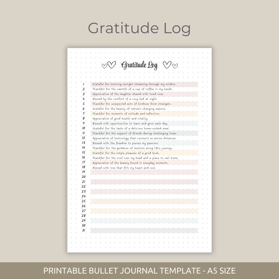 Gratitude Page Bullet Planner Printable Monthly Template A5 Daily ...