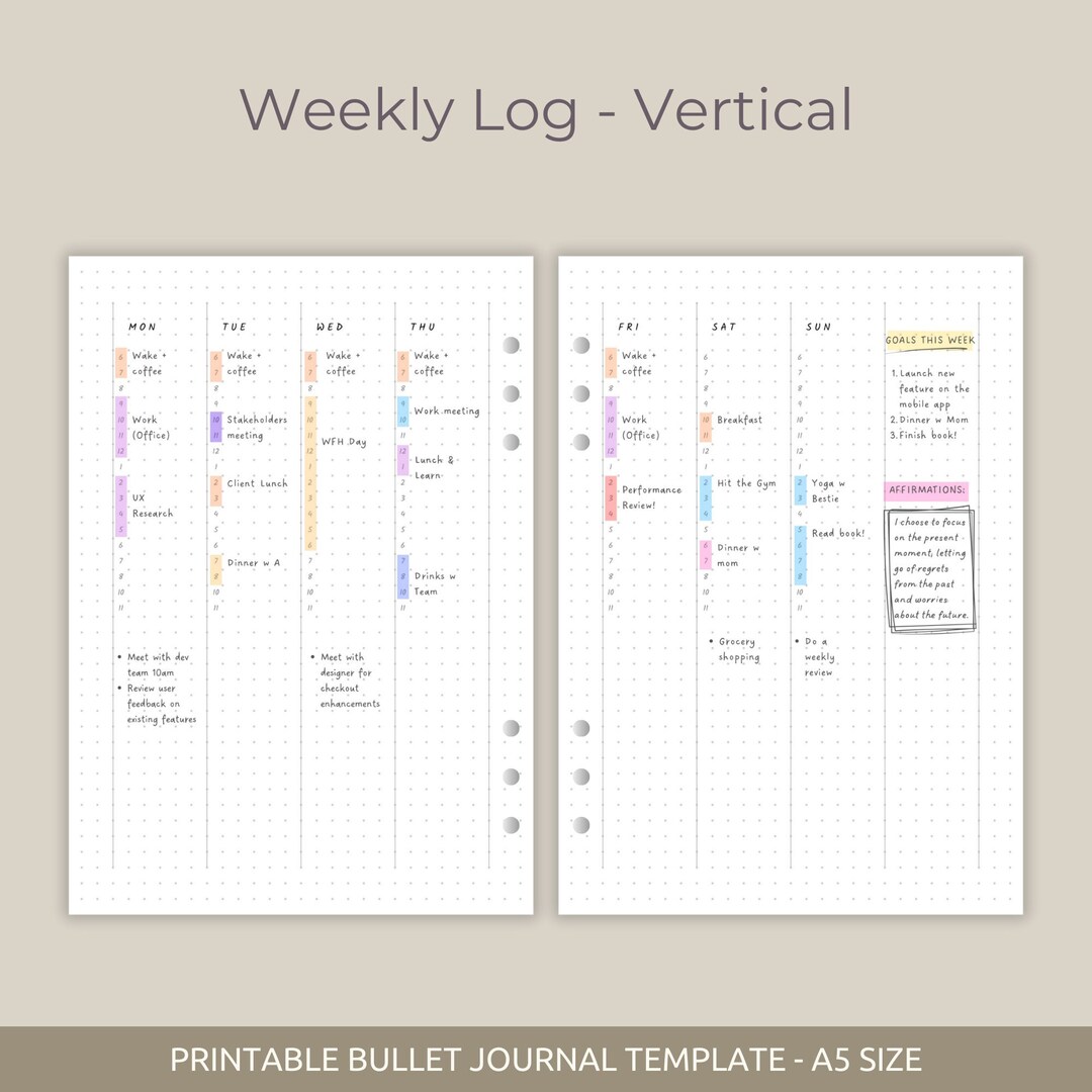Weekly Schedule Bullet Planner Printable A5 Bujo Weekly Spread Template ...