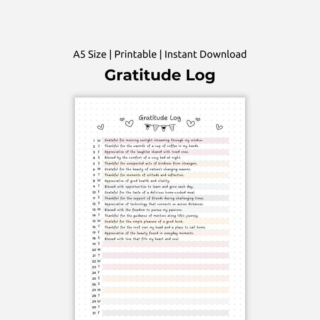 Gratitude Log Printable: Monthly Planner Template A5 (PDF) - Etsy