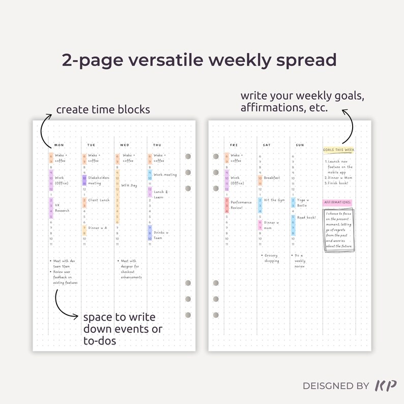 Timeblock Schedule Template, Weekly Spread Bullet Planner Template ...