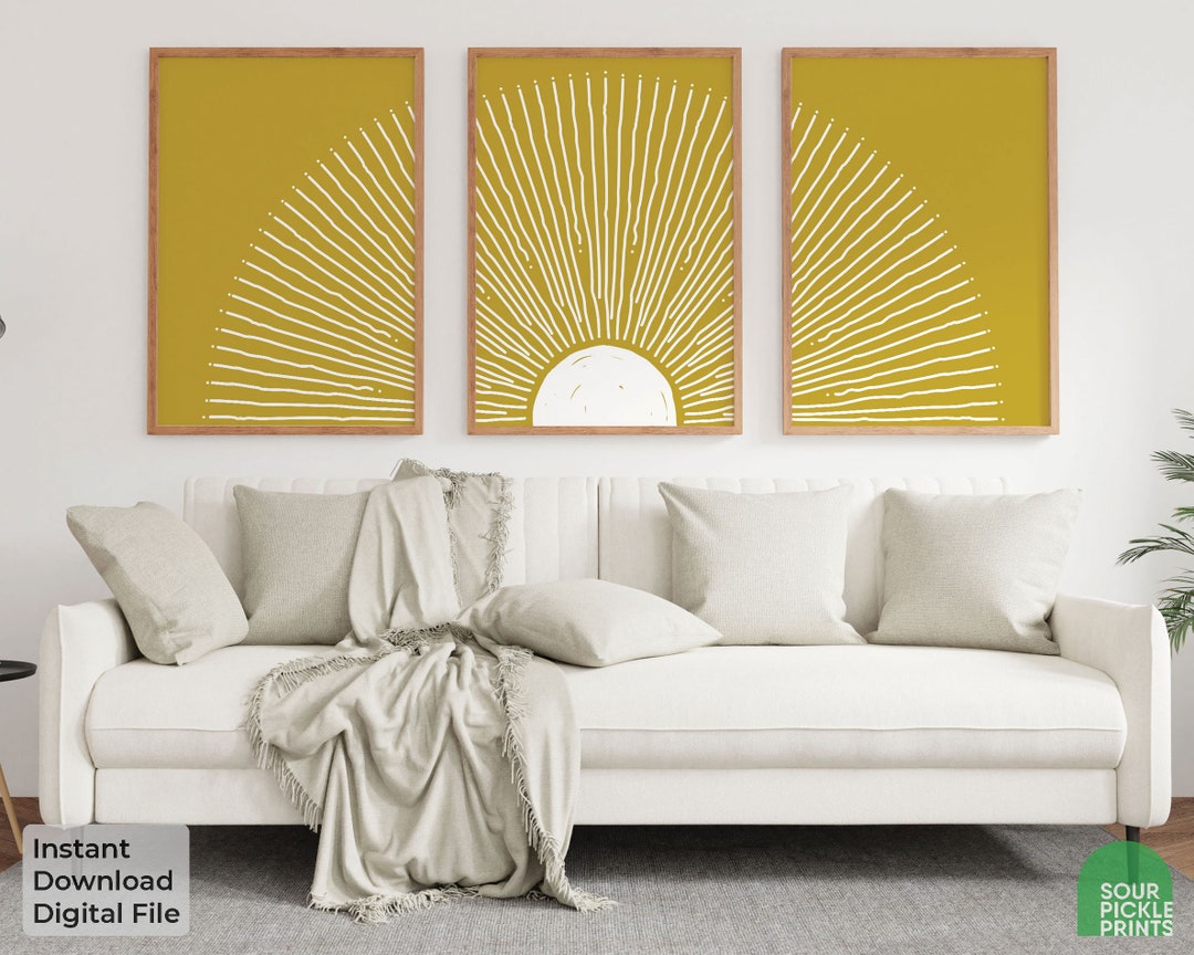Sunrise Wall Art Set | Mustard Yellow Rising Sun Prints | Set of 3 ...