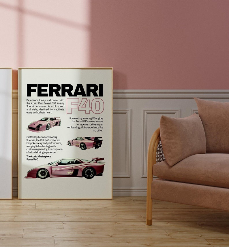 Pink Ferrari F40 Poster Car Wall Art Ferrari F40 Print Ferrari Poster ...
