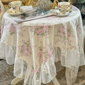 Farmhouse Floral Lace Tablecloth: Rose Print Table Cover - Etsy