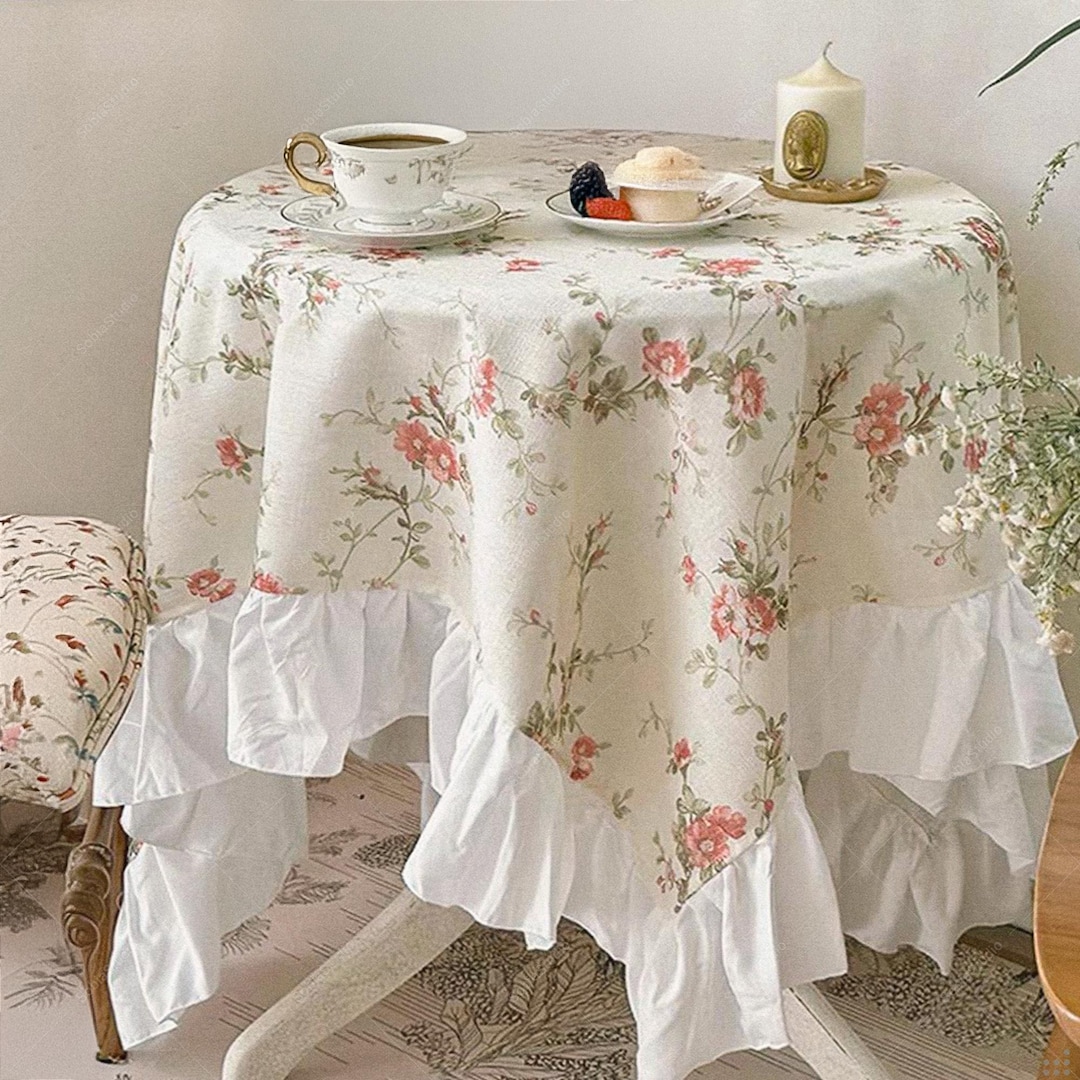 Floral Tablecloth With Ruffle Edge, Vintage Romantic Linen Cotton Dust Cover, Shabby Chic Dining ...