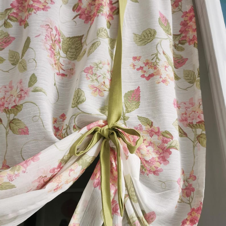 Floral Tie-up Curtains,farmhouse Pink Hydrangea Sheer Valance for Kitchen,adjustable Short ...