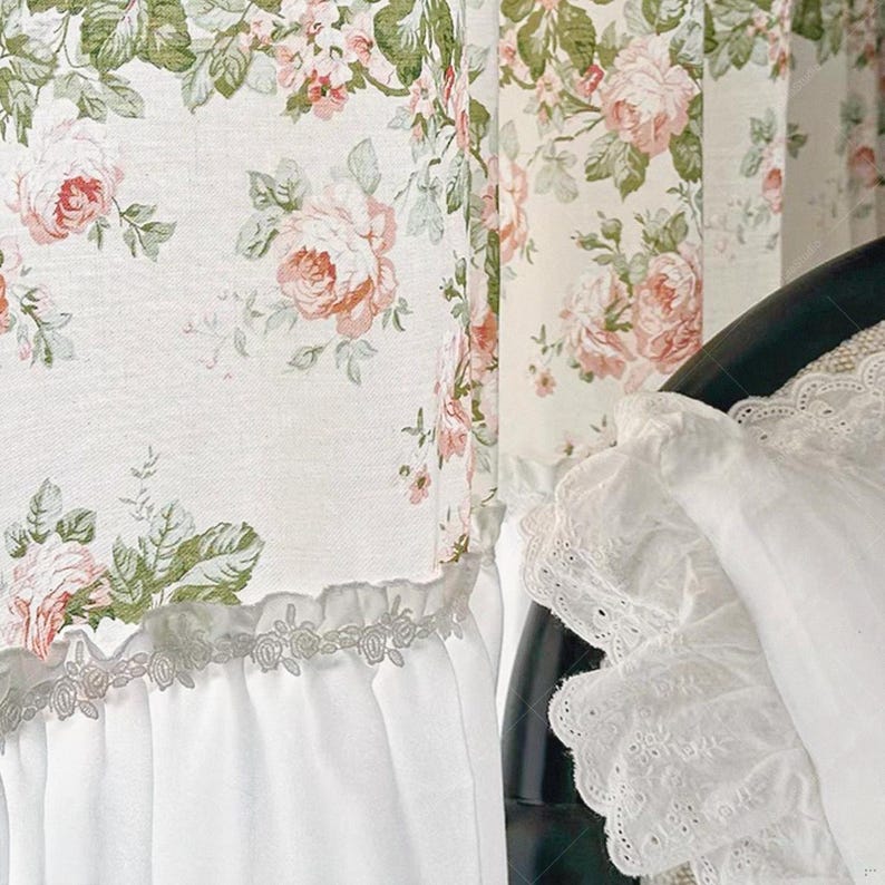 Rose Floral Curtain: Shabby Chic Window Panel With Ruffle Trim - Etsy