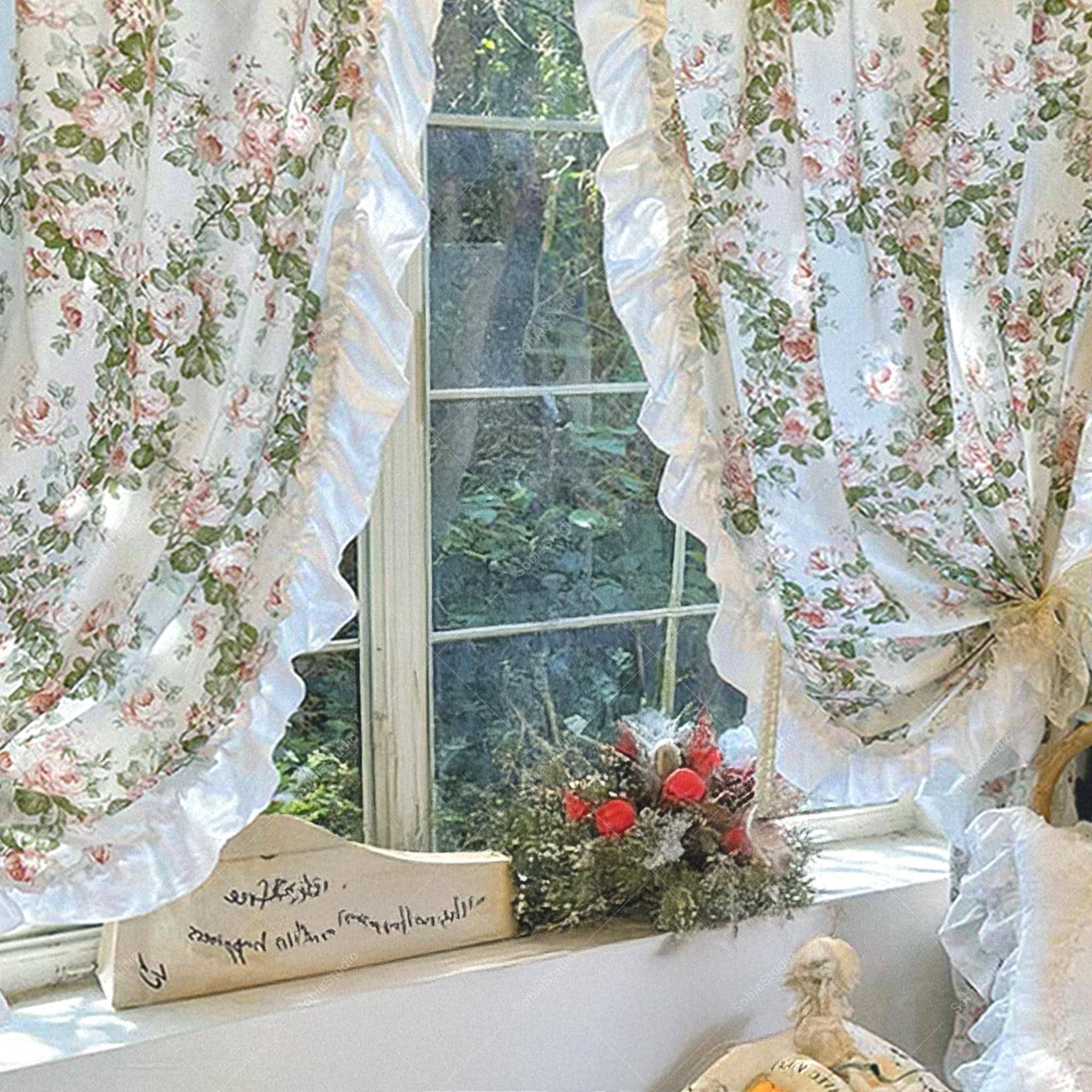 Romantic Floral Ruffle Curtain, French Cottage Style Window Panel ...
