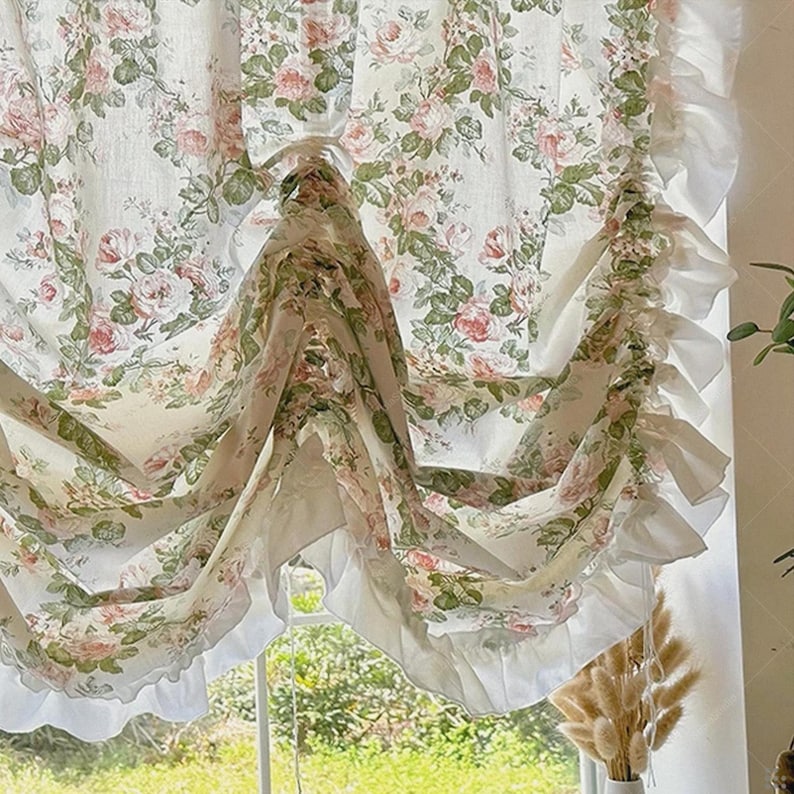 Floral Balloon Curtain With Ruffles: Cotton Tie-up Window Drapery - Etsy