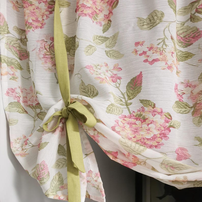 Floral Tie-up Curtains,farmhouse Pink Hydrangea Sheer Valance for Kitchen,adjustable Short ...