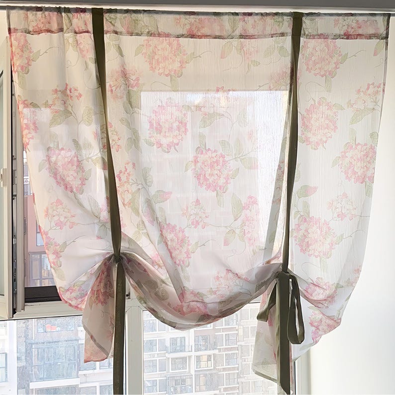 Floral Tie-up Curtains,farmhouse Pink Hydrangea Sheer Valance for ...