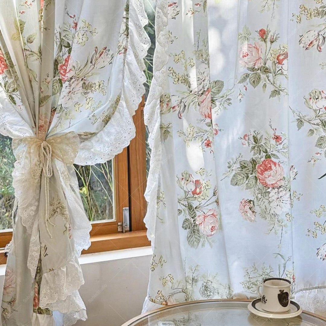 Floral Rose Curtain: Shabby Chic Cotton Window Treatments - Etsy