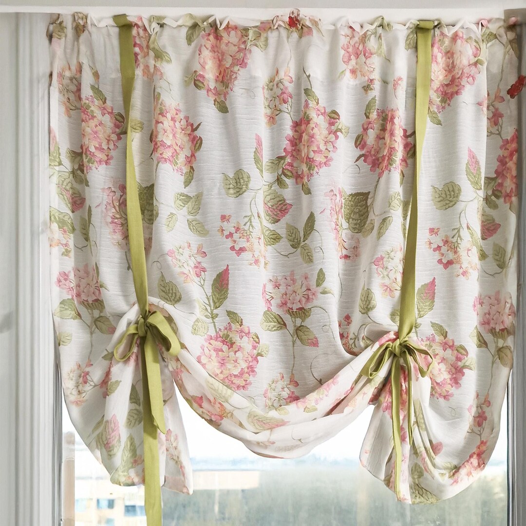 Floral Tie-up Curtains,farmhouse Pink Hydrangea Sheer Valance for Kitchen,adjustable Short ...