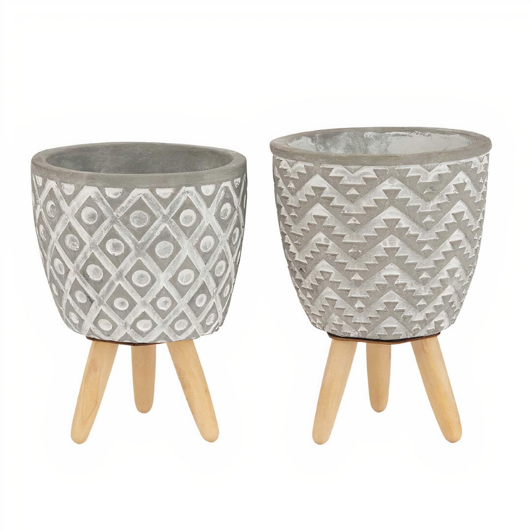 Rustic Cement Aztec Planters With Solid Wood Base Set of 2 Hand Carved ...