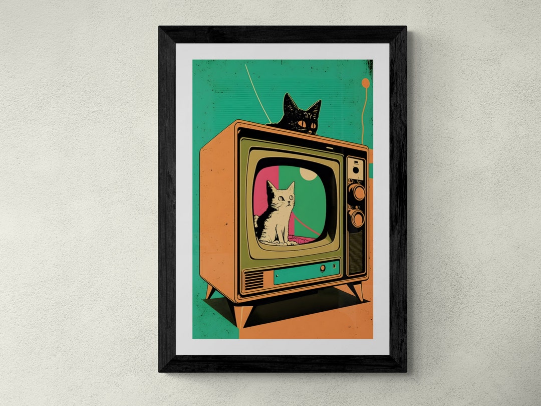1960s Cat TV A Pop Art TV With a Sassy Black Cat on Top With a White ...