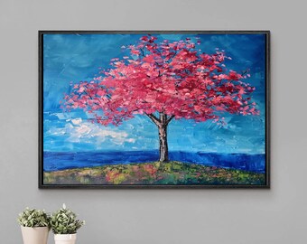 Pink Flower Tree Painting Art Print, Mixed Media Collage Tree Painting ...