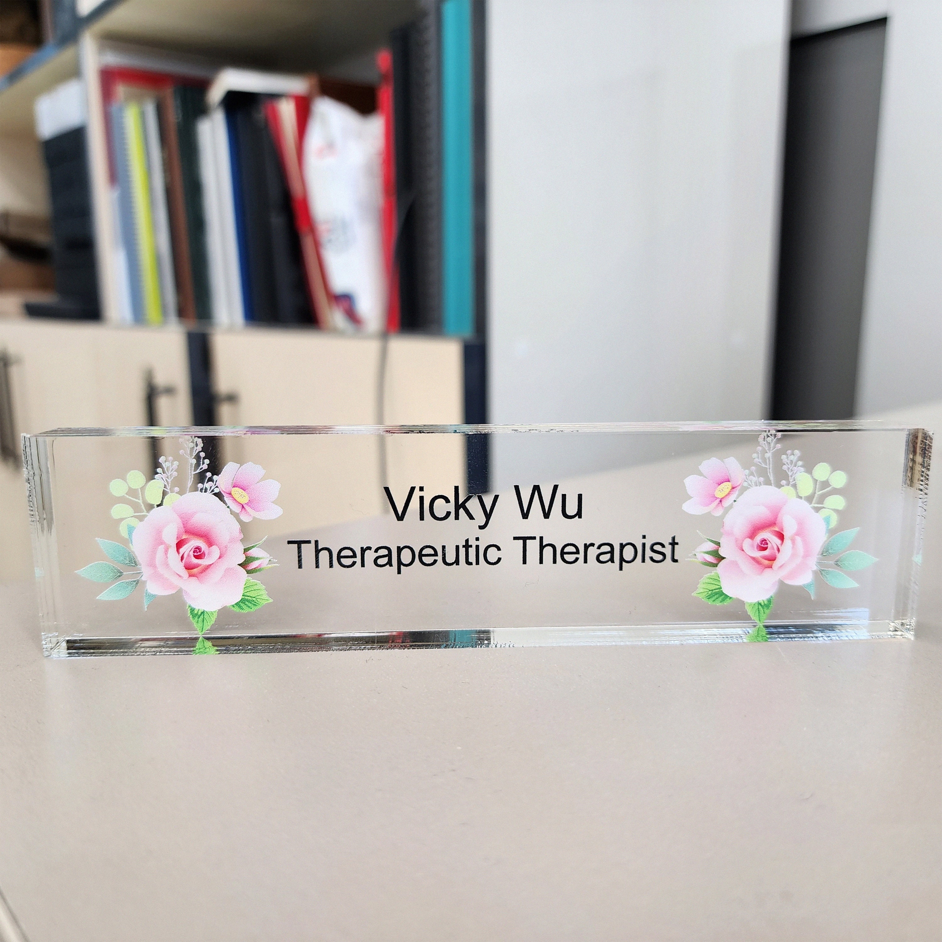 Rose Flower Name Plate for Desk, Floral Name Plaque Desk, Custom Name ...