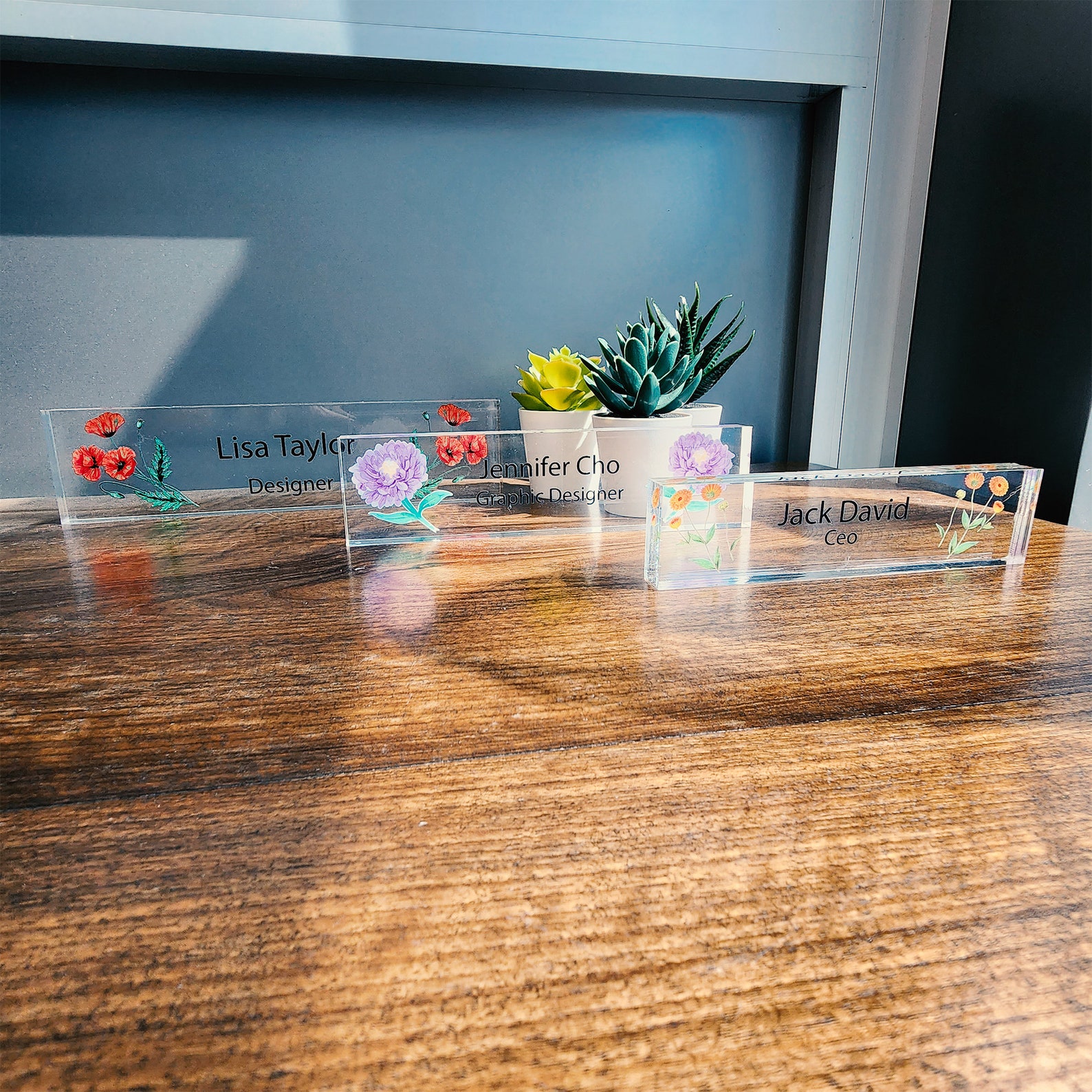 Floral Name Plate Desk, Custom Name Plate, Birth Flower Name Plate ...